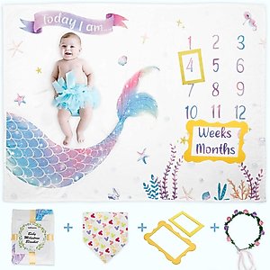 TRENSOM Little Mermaid Blanket Baby Monthly Milestone Blanket Girl Personalized Fleece Months Blakets Newborn Shower Nursery Decor with One Bib & Hedbd Two Frames,Large 59”x40”