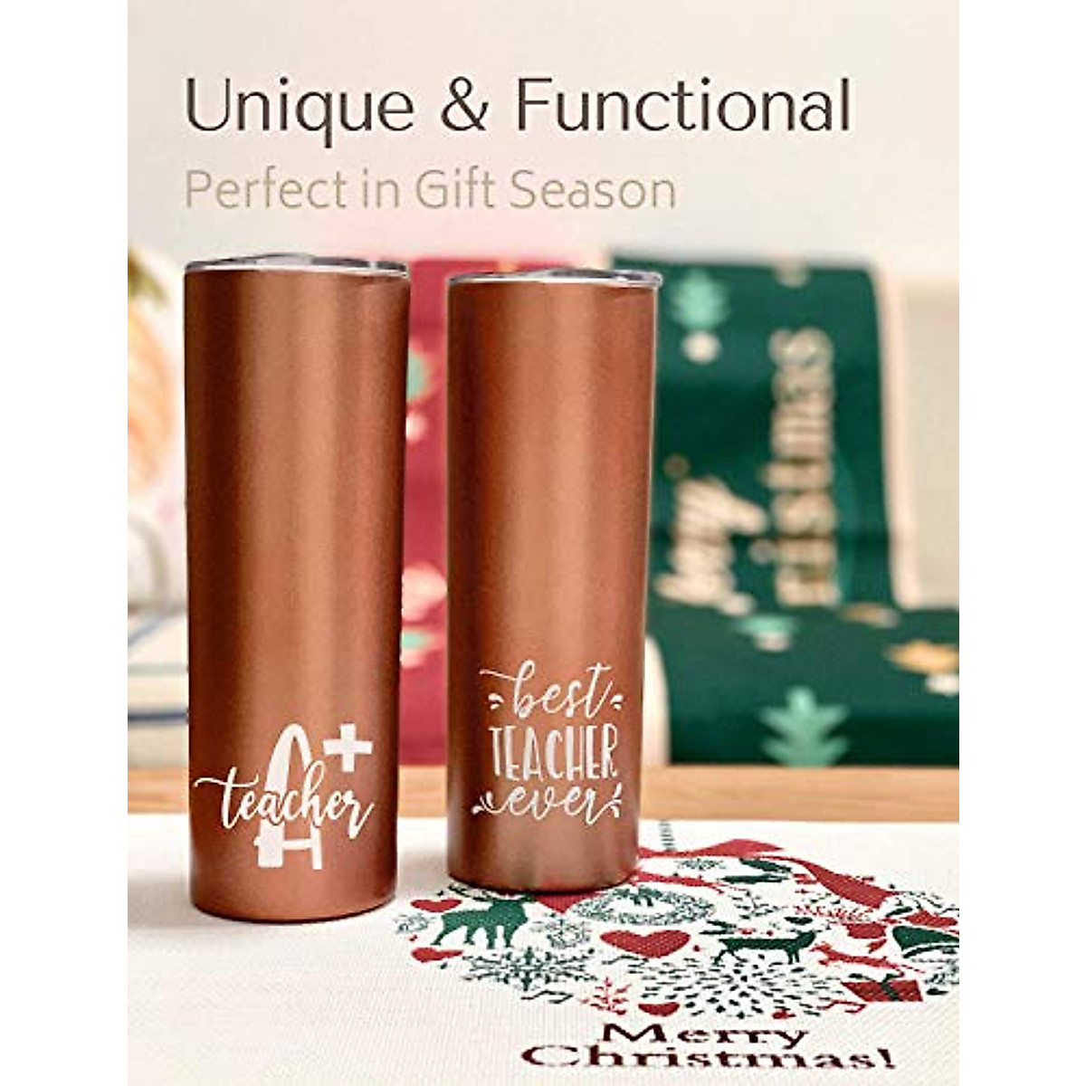 Onebttl Teacher Appreciation Gifts 20oz Skinny Tumbler with Lid and Straw for Christmas, Appreciation Day, End of Term from Students - Rose Gold