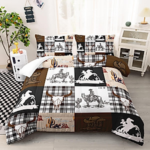 Ntlfup Western Cowboy Comforter Set Queen Size, Bull Skull and Horse Print Quilt Set with 2 Pillowcases, Bedroom Decor for Kids Boys Teens
