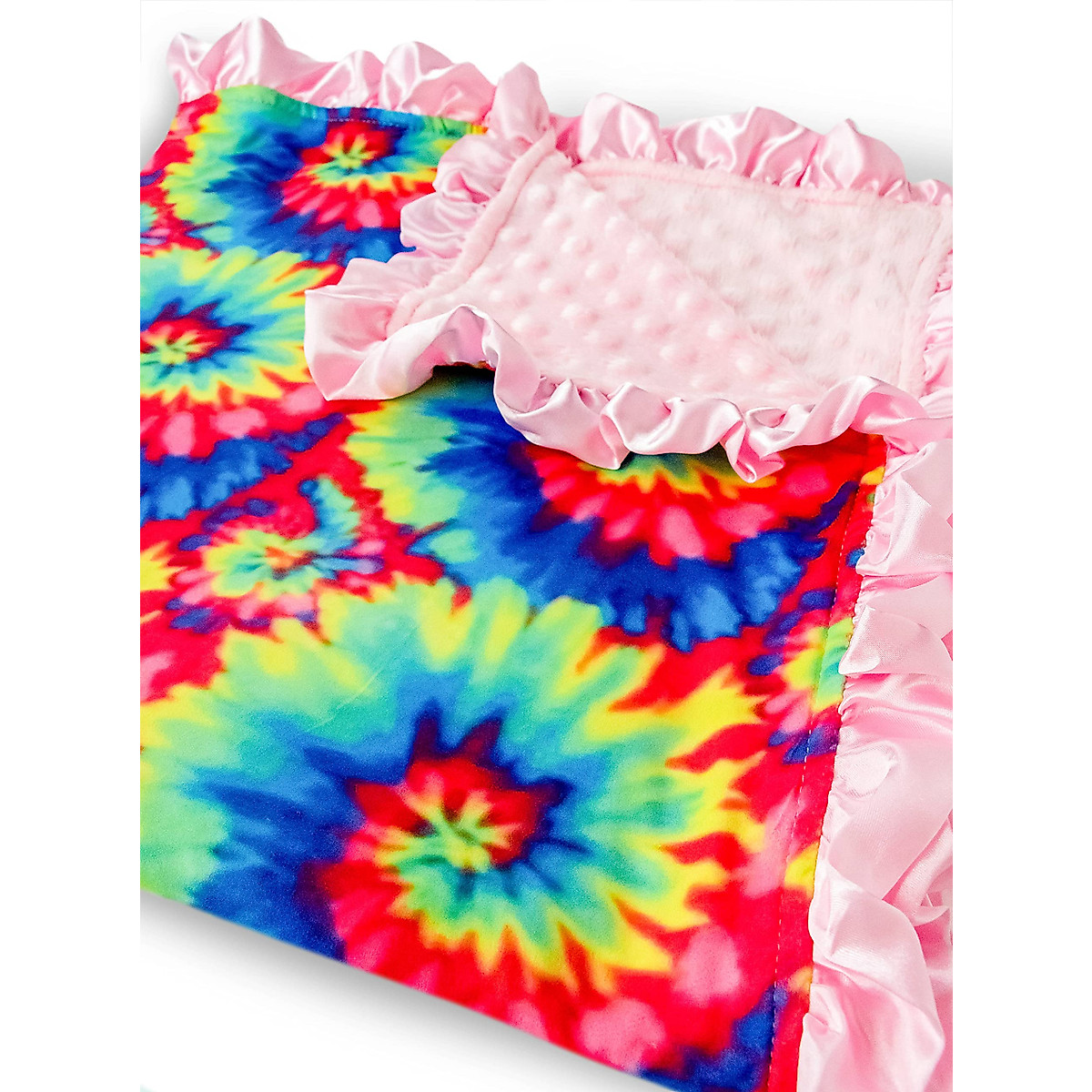 Top Tots Baby Blanket - Tie Dye Pattern with Pink Minky Dot & Satin Ruffle, 31 x 31 Inch Multicolored