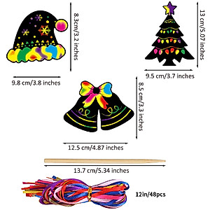 FINGOOO Scratch Art for Kids,48 Christmas Rainbow Scratch Paper Art Set with 12 Wooden Stylus Xmas Craft Decor