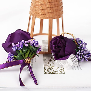 WANLIAN Rose Wrist Corsage Bridesmaid Corsage and Boutonniere Set for Wedding Prom Party Hand Flower Decoration Set of 2 (Purple)