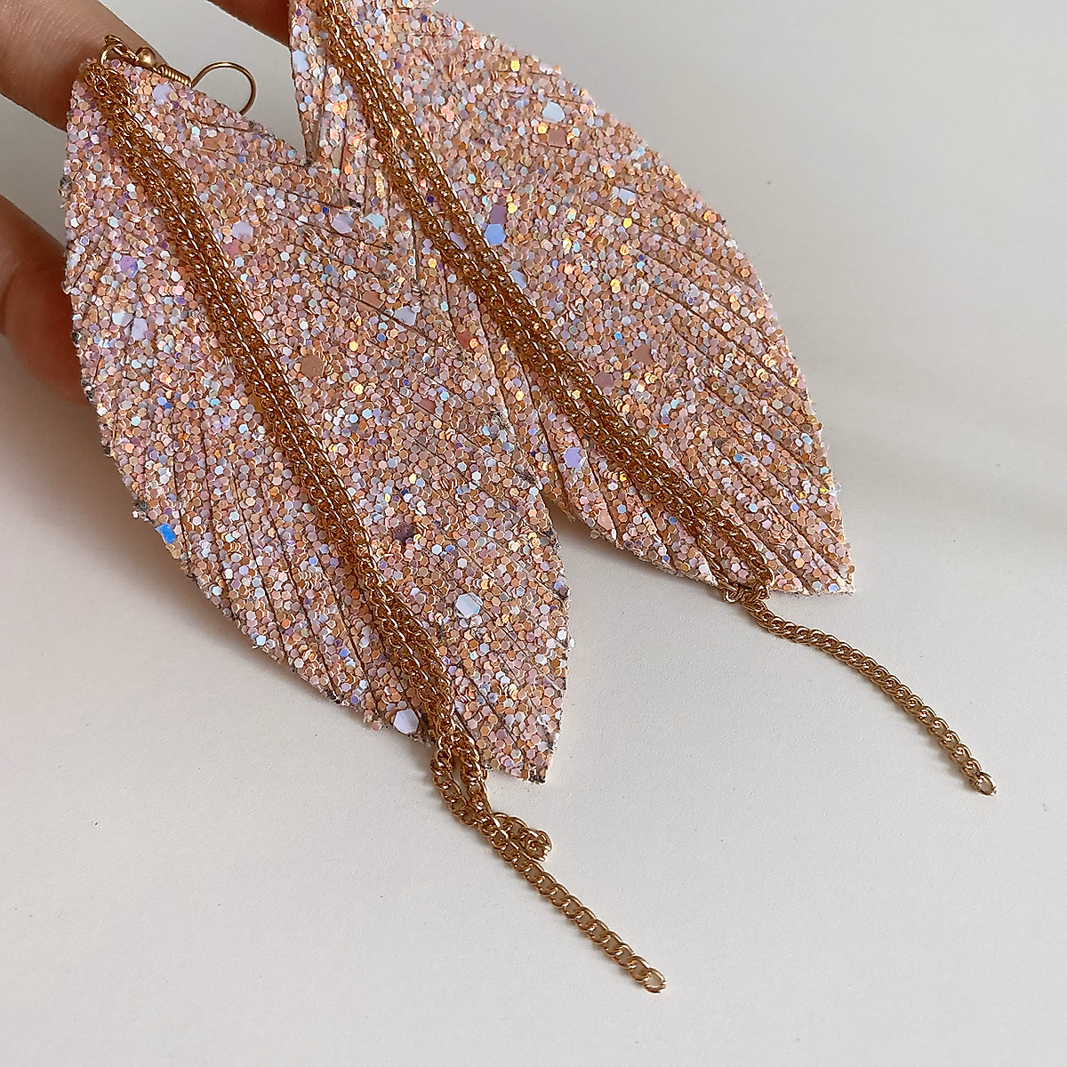 JIUIQL Unique Handmade Fashion Large Leopard Soft Leather Fringe Feather Dangle Drop Color Earrings Lightweight Faux Leather Sparkly Shine Glitter Leaf Earring for Women Statement Jewelry Gifts (Pink)