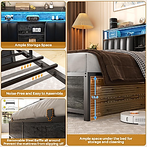 Aheaplus Full Bed Frame with Charging Station & Led Lights, Platform Bed with Leather Upholstered Headboard and Storage, Metal Slats Support, No Box Spring Needed, Noise-Free, Easy Assembly, Black Oak