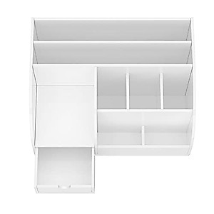 FEMELI Office Desk Organizer and Accessaries,Acrylic Desk Organizer with 8 Compartments +1 Drawer(White)
