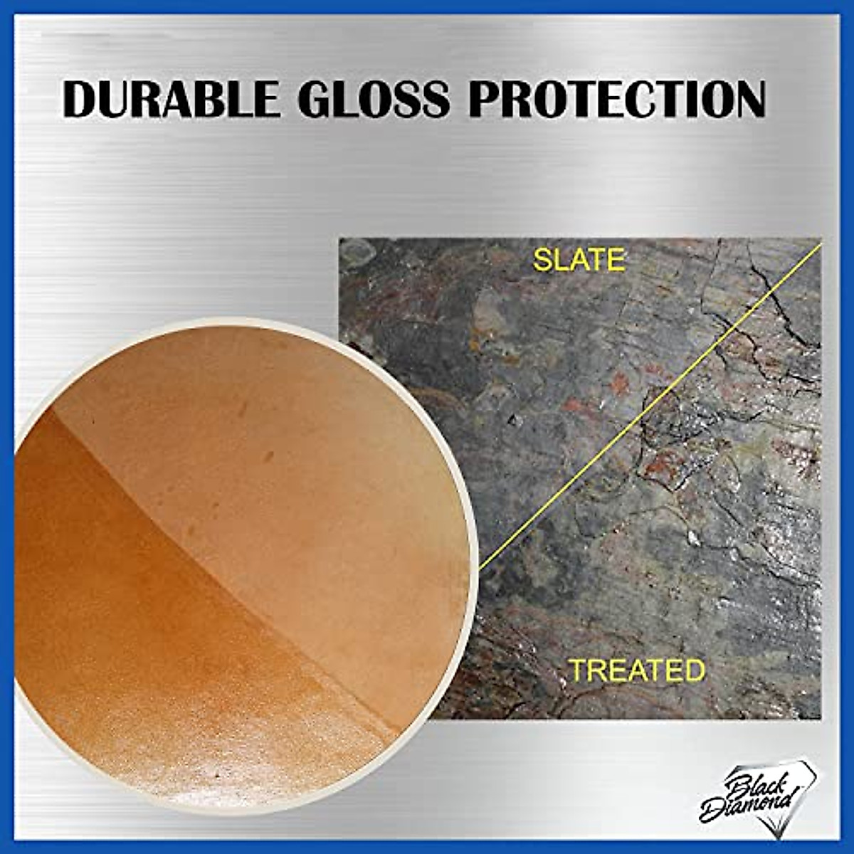 Wet Look Natural Stone Sealer. Durable, Long-Lasting Gloss Protection. Interior and Exterior Pavers, Slate, Sandstone, Travertine, Flagstone, Driveways, Garage Floors, etc. Black Diamond Stoneworks