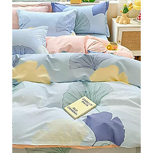 Generic 100% Cotton Duvet Cover Set for King Queen and Twin, Full Size Blue Leaf Print Double Bed Quilt Cover with 2 PCs Pillowcase with Zipper Closure (Full)