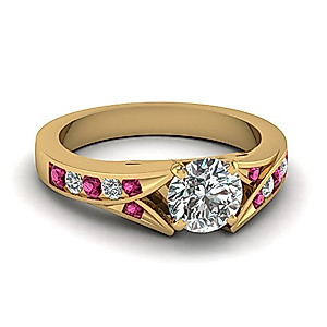 CustomizedGifts Channel Set Diamond Ring yellow gold plated Created Pink Sapphire Round shape Pink color Split Shank Engagement Ring channel Setting in Size 11 Handcraft Chakra Healing