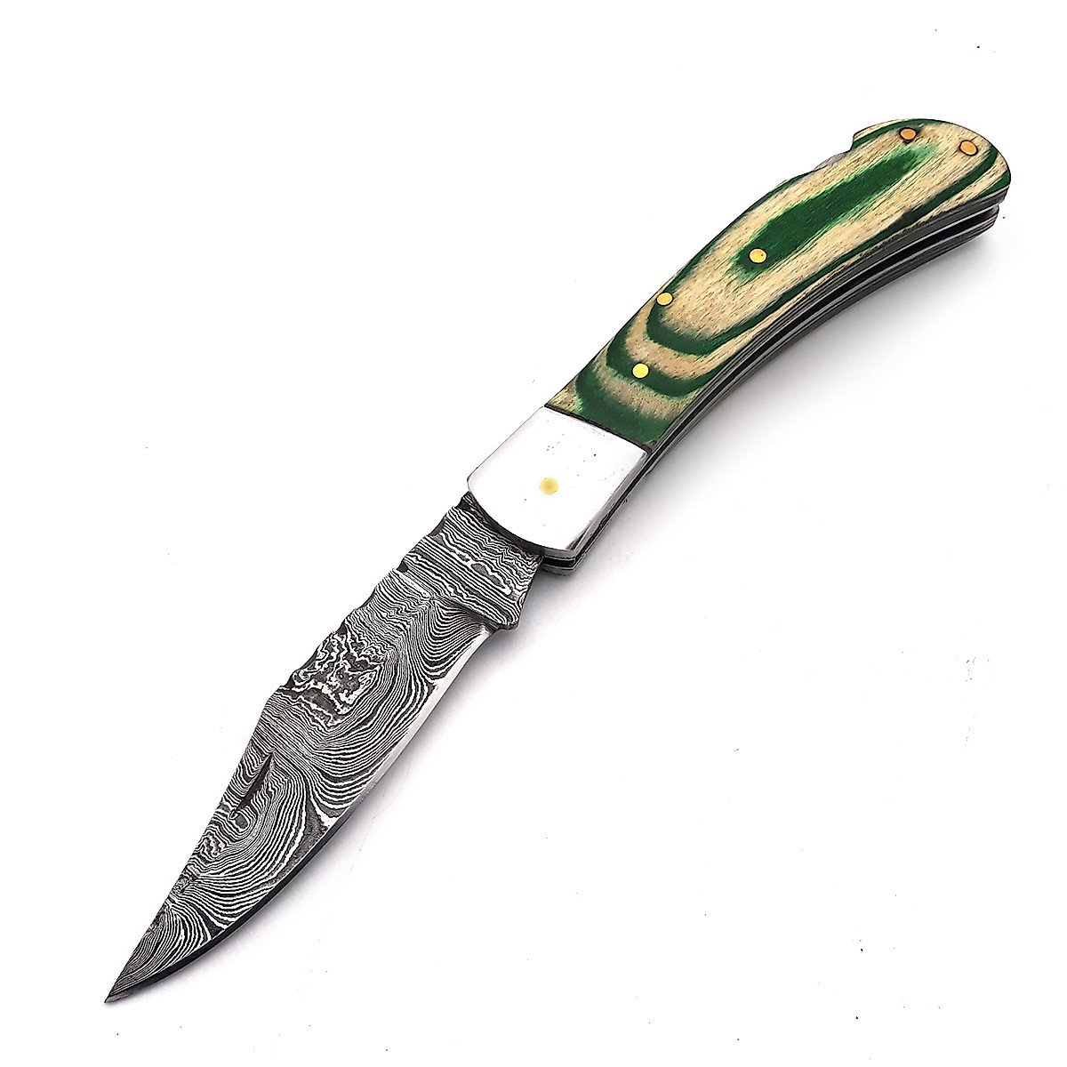 Custom Handmade Damascus Steel Folding Knife/Pocket Knife SS-17462 (Green Colored Wood) (Green)