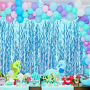 Wavy Tinsel Foil Fringe Curtain Photo Booth Props for Mermaid Birthday Under The Sea Party Decorations (2 Pack 3.2 ft X 6.6 ft Teal Blue)
