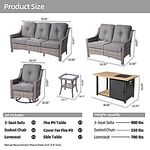 weaxty W Patio Furniture Set,6 Pieces Wicker Patio Furnitures with Outdoor Loveseat,Double-Deck Fire Pit Table,Swivel Rocking Chairs,All Weather Patio Conversation Sets,Dark Gray