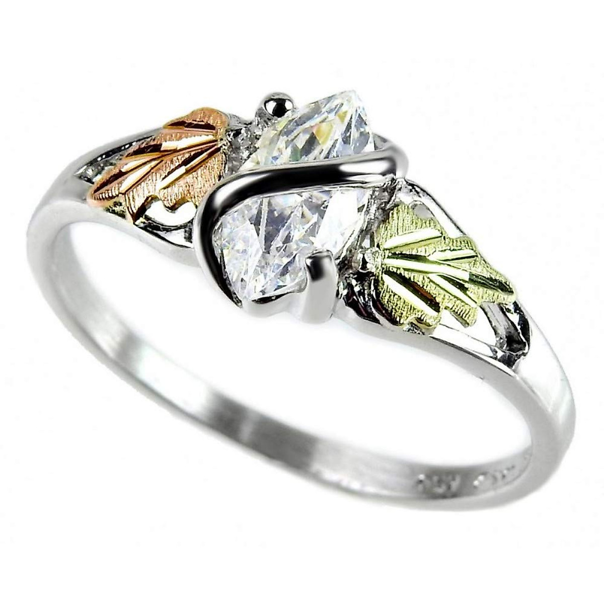 Marquise CZ with Leaf Slim-Profile Ring, Sterling Silver, 12k Green and Rose Black Hills Gold Size 9.75