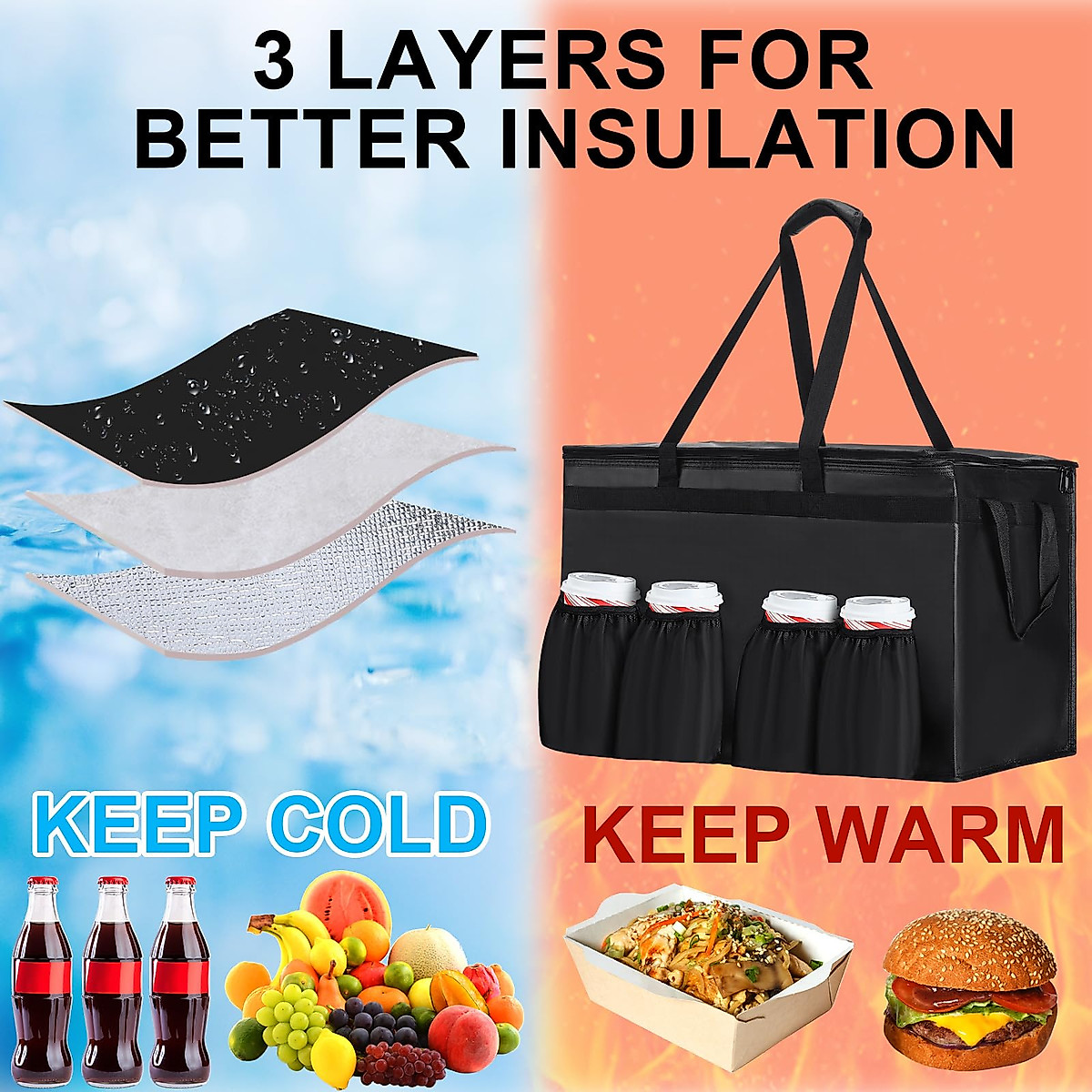 FillTouch 2 Pcs Extra Large Insulated Food Delivery Bag with Cup Holders 23 x 15 x 14 Inch Pizza Delivery Bags Insulated with Zippered for Beverages Grocery Pizza, Commercial Quality Hot and Cold