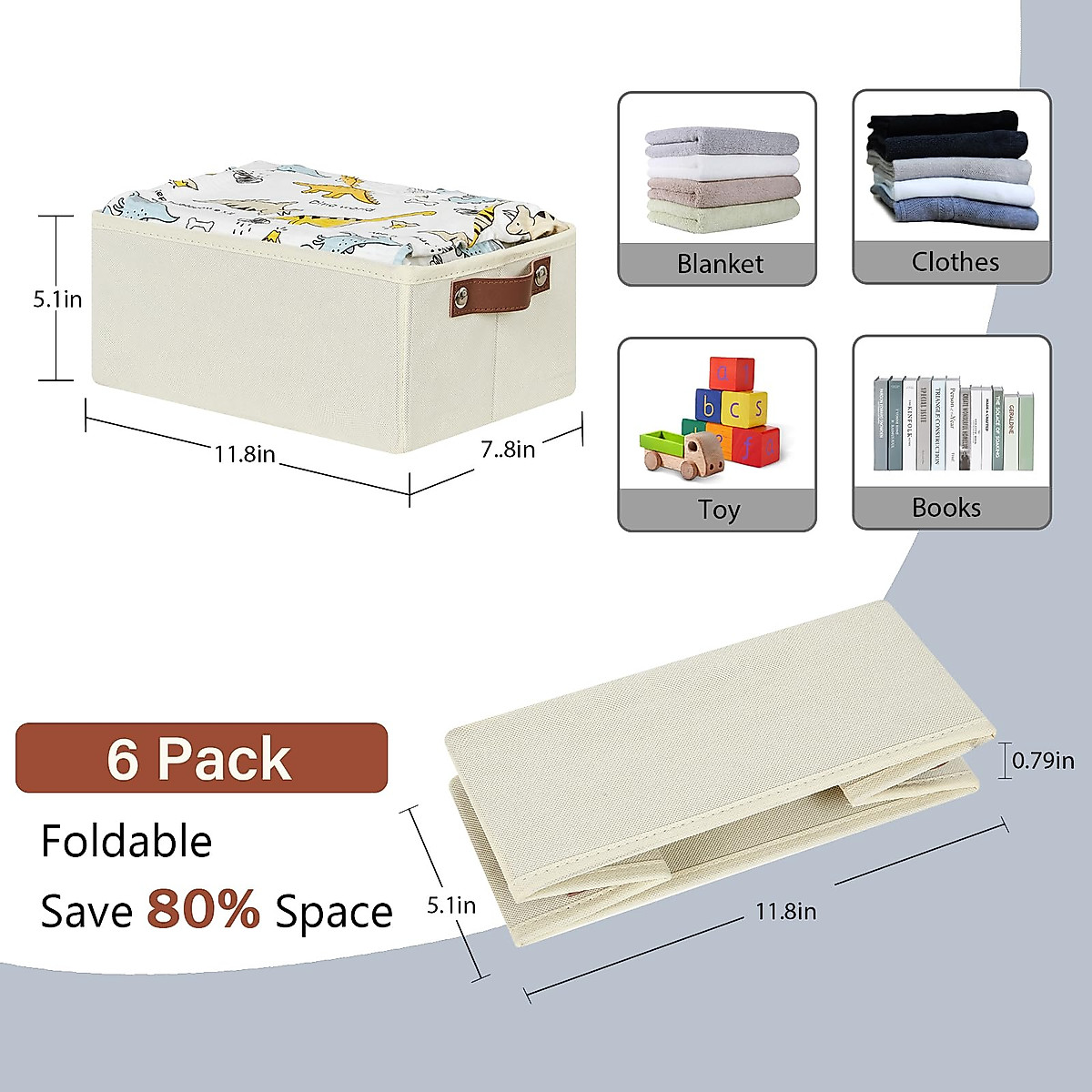 HNZIGE Fabric Small Baskets for Organizing, 6 PCS Storage Organizer Bins for Shelves, Small Bins for clothes with Handles, Shelf Closet Storage Bins for Organizer Home, Office(Cream,11.8 x 7.8 x 5.1)