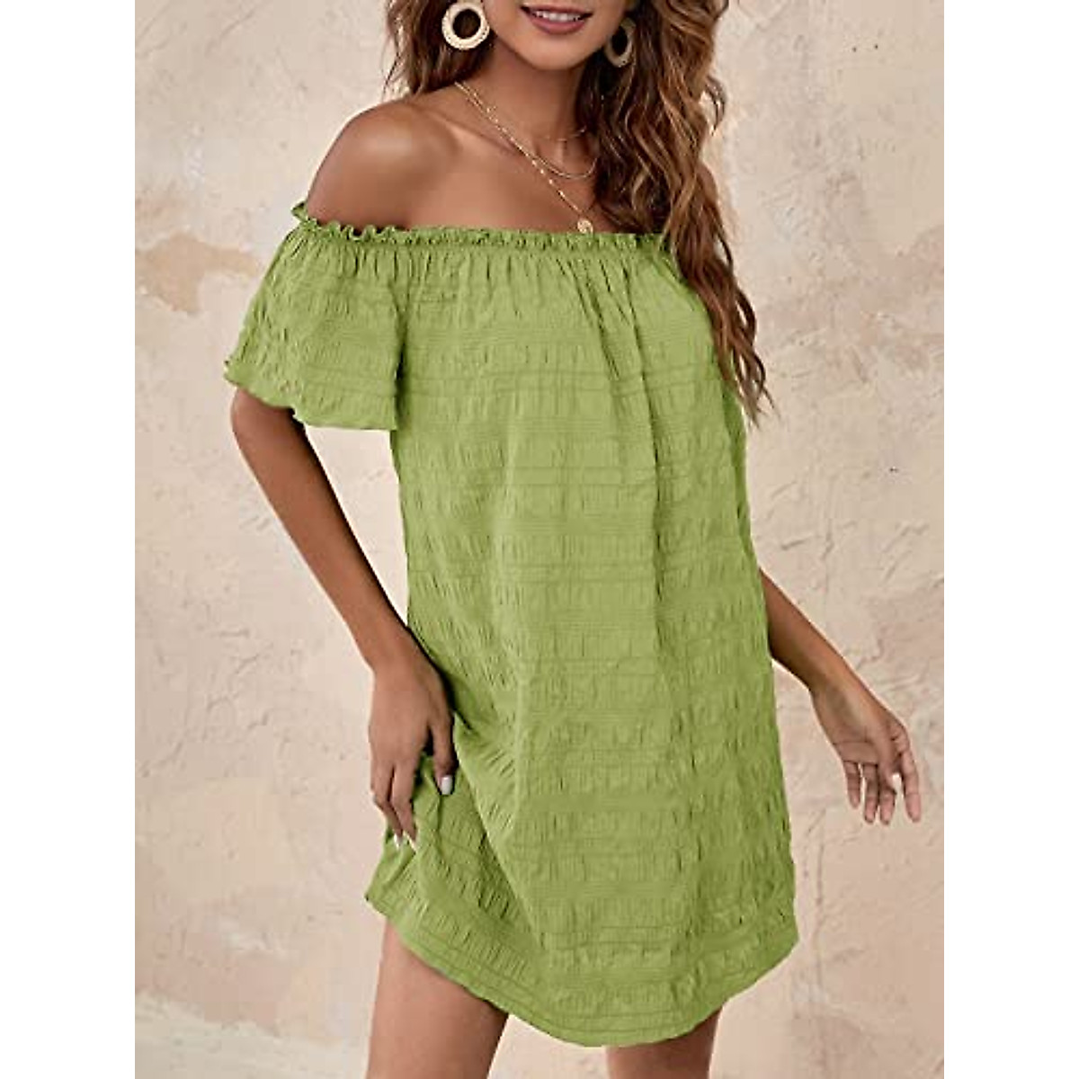 SOLY HUX Women's Sundress Off The Shoulder Short Sleeve A Line Tunic Mini Dress Solid Lime Green S