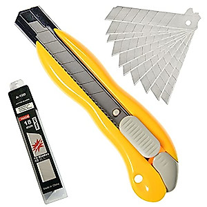 KINBRIEF 18mm Auto Lock Utility Knife Retractable Box Cutter for Cartons,Carboards Arts Crafts Pack 1 with 10 Snap off High Carbon steel art Blades for Office and Home,white push Yellow