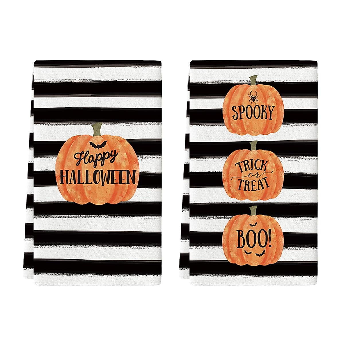 Artoid Mode Watercolor Stripes Happy Halloween Kitchen Towels and Dish Towels, 18 x 26 Inch Spooky Trick Boo Pumpkins Holiday Ultra Absorbent Drying Cloth Hand Towels for Cooking Baking Set of 2
