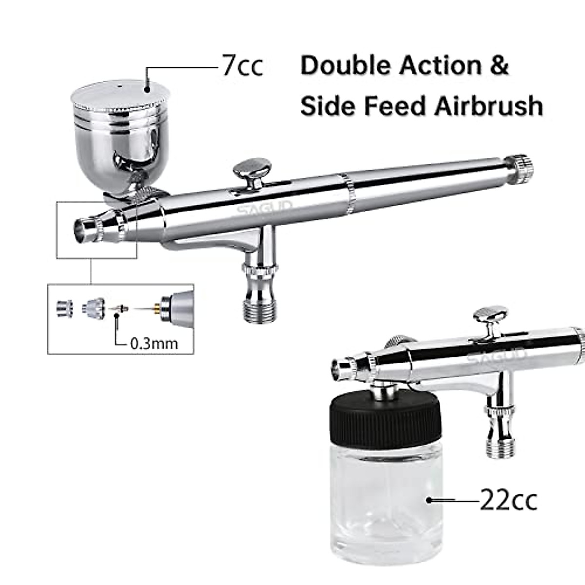 SAGUD Side Feed Airbrush Kit 0.3mm Double Action Air Brush Gun Set with 0.2mm 0.5mm Nozzles Needles Air Caps, Hose, Adapter, Mini Airbrush Filter for Art Painting