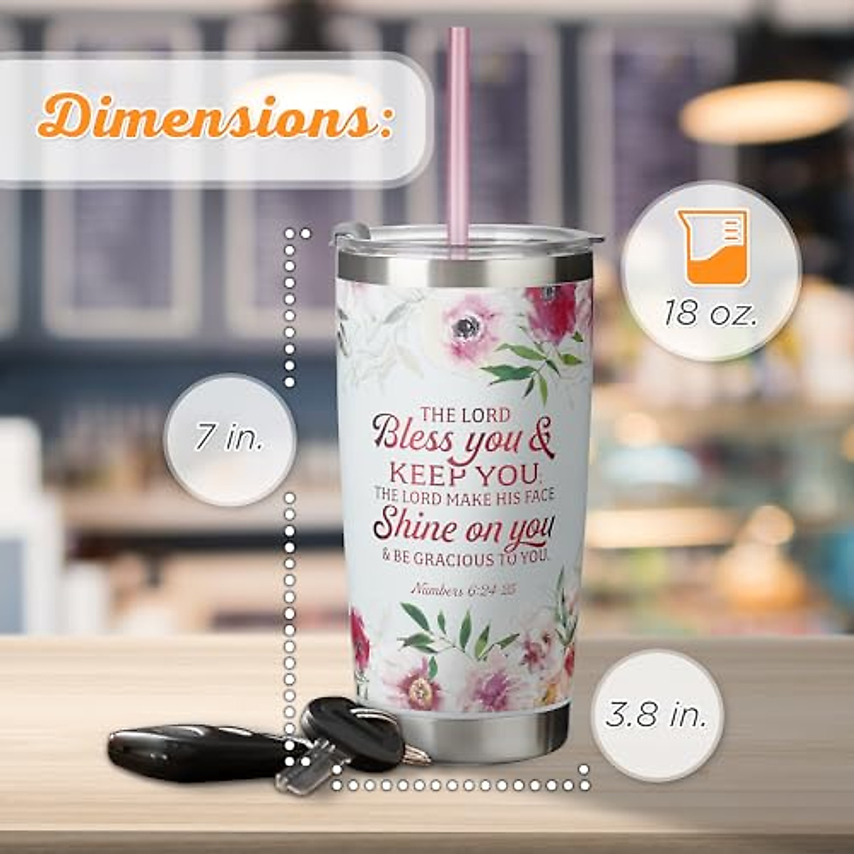 Christian Art Gifts Stainless Steel Double-Wall Vacuum Insulated Tumbler w/Straw & Lid 18 oz Pink Floral Inspirational Bible Verse Travel Mug for Women- Bless You and Keep You -Numbers 6:24-25