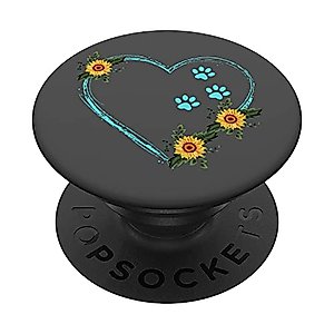 Blue Colorful Dog Paw Prints With Sunflower Heart On Gray PopSockets Swappable PopGrip