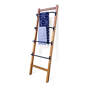 Mitus Blanket Ladder, 4-Tier Towel Ladder Shelf with Offset Metal Rungs and Pine Wood Frame, Rustic Brown and Black