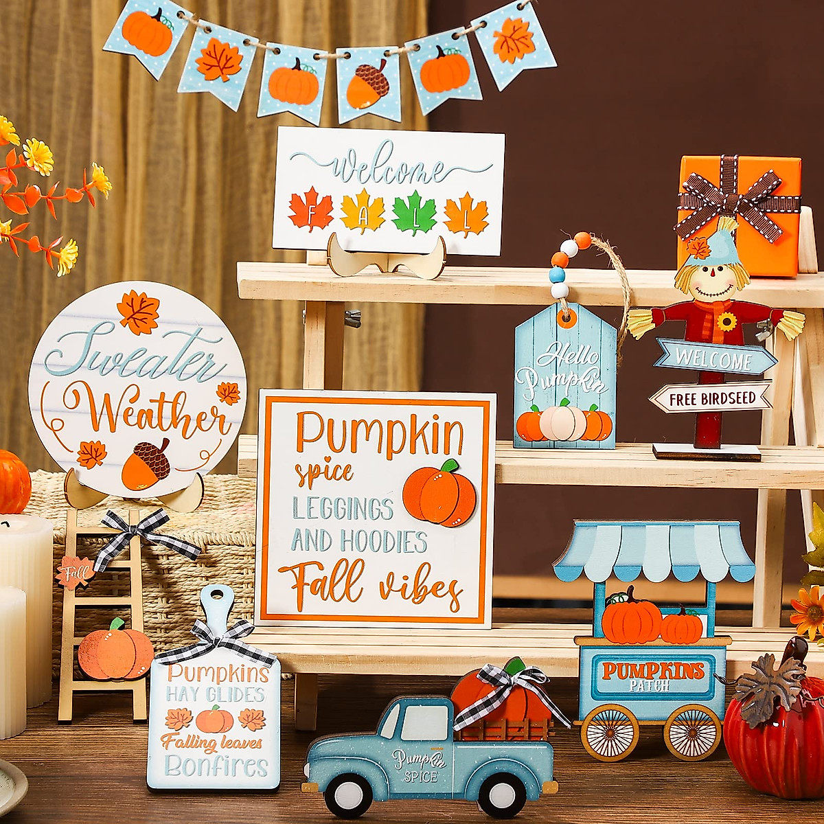15 Pieces Fall Tiered Tray Decor Set Thanksgiving Pumpkin Tray Decor Scarecrow Truck Fall Decor for Home Autumn Harvest Wooden Table Decorations Signs