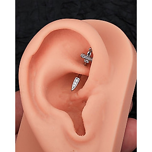 OUFER Rook Piercing Jewelry, 16G 316L Surgical Steel Daith Earrings, Dagger Rook Earrings, Clear CZ Eyebrow Rings, Curved Barbell, Conch Piercing Jewlery