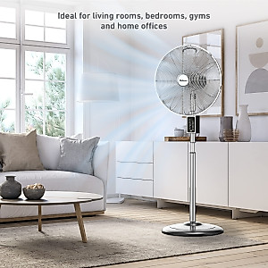 HOLMES 16" Chrome Digital Stand Fan, 75° Oscillation, 3 Speeds, 4 Blades, 3 Modes, Adjustable Height, 18° Head Tilt, Ideal for Home, Bedroom or Office, Remote Control