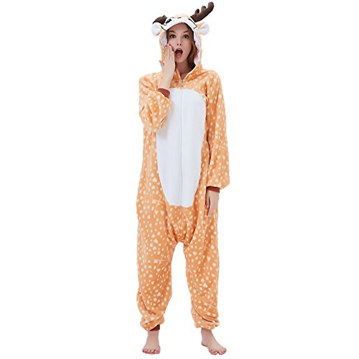 ABENCA Women Deer Onesie Pajama Reindeer Costume Adult Animal Halloween Christmas Cosplay Fawn Onepiece, M