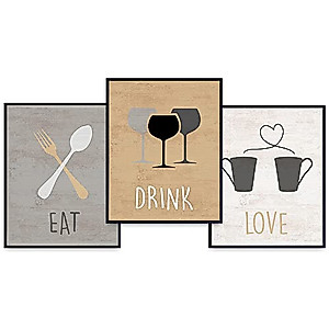 Dining Room, Kitchen, Cafe, Restaurant Wall Art Print Home Decor -Cute Unique Gift for Women, Her, Cooks, Chefs, Anniversary, Birthday - Rustic Vintage Mural -Eat Drink Love Photo Picture Set Unframed