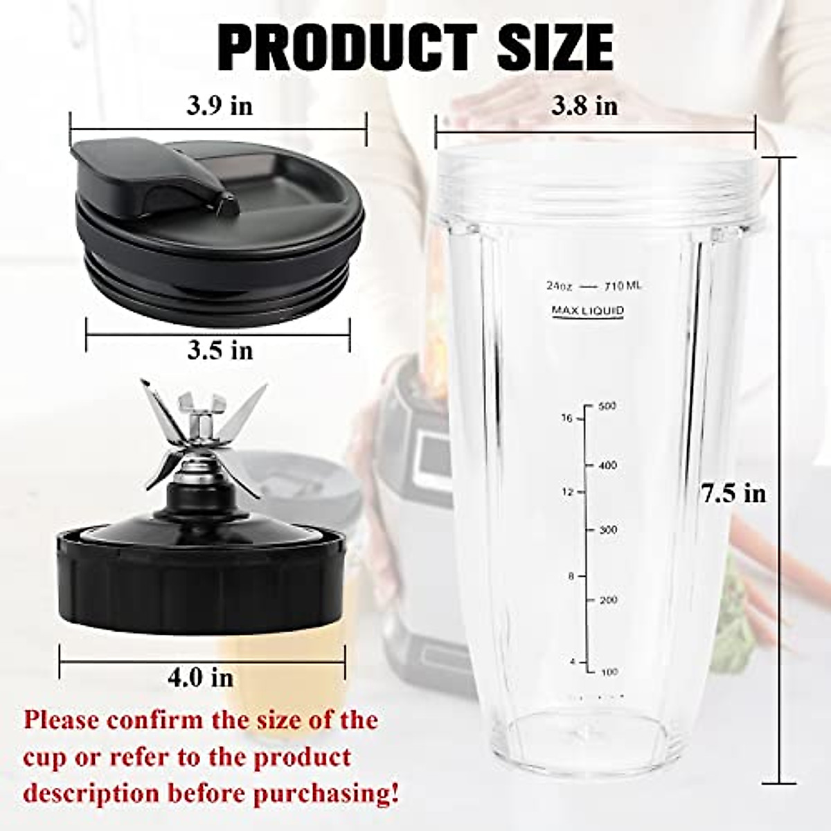 Funmit Blender Replacement Parts Fit for Ninja, 24oz with 7 Fins Blades & Seal Lid Fit for Nutri Ninja SS151 BL480 BL482 BL642 NN102 BL682 (2-pack)