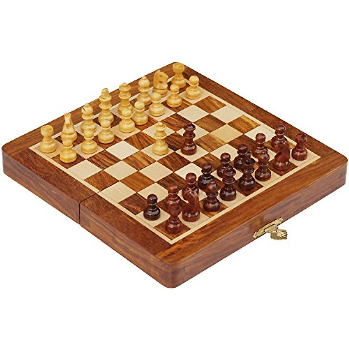 Magnetic Travel Chess Board Set - Classic Wood Staunton 7 X 7 Inch Pocket Chess Set with Folding Game Board Handmade in Fine Rosewood