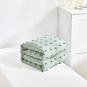 4 Piece Tufted Dots Toddler Bedding Set Solid Green Jacquard Pom Pom Tufts, Soft and Embroidery Shabby Chic Boho Design for Baby Boys Girls, Includes Comforter, Flat Sheet, Fitted Sheet and Pillowcase