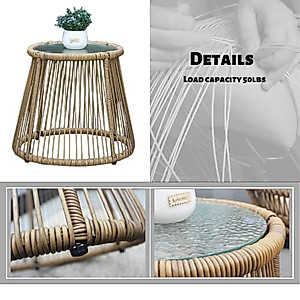 Backrest Wicker Chair Handmade Rattan Chair Outdoor Wicker Chair Set with Metal Feet, Pillows, Seat Cushions and Round Tempered Glass Table for Patio,Balcony,Backyard, Natural Color