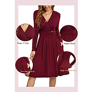 WEACZZY Womens Dresses Long Sleeve Casual Holiday Dress V-Neck Party Dress with Pockets, Floral Navy, Medium