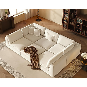 Fajiani Oversized Modular Sectional Sofa,Cloud Couch Sectional Deep Seat Sofa Linen Upholstered Oversized Sectional Couches for Living Room(156 inch 6 Seater-White)