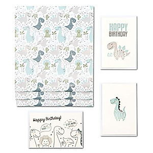 Dinosaur Wrapping Paper with Matching Cards - Premium Happy Birthday Wrapping Paper for Boys and Girls includes 3 Folded Sheets 30 x 20 inches and 3 Coordinating Gift Cards Great for Three Rex Birthday Party Decorations and Baby Wrapping Paper