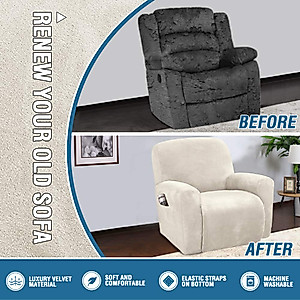 H.VERSAILTEX Velvet Stretch Recliner Couch Covers 4-Pieces Style Recliner Chair Covers Recliner Cover for Reclining Chair Slipcovers Feature Non Slip Form Fitted Thick Soft Washable, Ivory