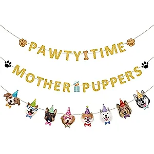 3 Pieces Let's Pawty Banner Dog Birthday Party Supplies Gold Glitter Mother Puppers Pawty Time Dog Banners for Dog Birthday Party Decorations