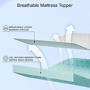 Belffin 3 Inch Gel Memory Foam Mattress Topper Queen Size, Bed Mattress Topper Waterproof for Body Support & Pressure Relief, with Removable Cover, Soft & Breathable, Grey