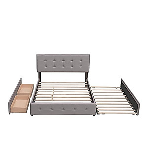 AMFSQJ Queen Size Upholstered Bed with 2 Drawer and 1 Twin Size Trundle Bed, Bedroom Platform Bed with Linen Fabric, Wooden Slat Frame, Wood Platform Bed for Teen, Adult (Light Gray)