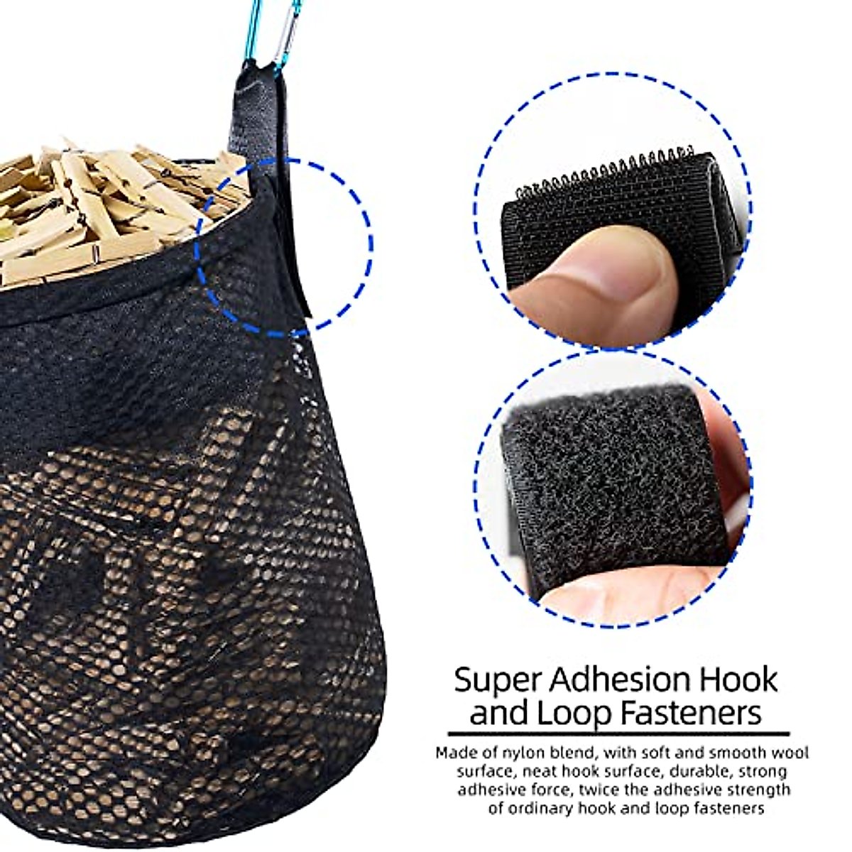 KOOZTI Mesh Clothespin Bag Holder Outside, Multiple Hanging Methods Clothes Pin Bag with Drawstring Closure, Ventilation and Moisture Resistance, Large-Capacity Clothespin Storage Organizer with Hooks