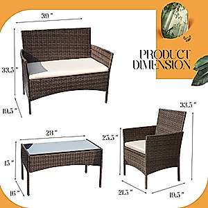 Greesum Patio Furniture 4 Pieces Conversation Sets Outdoor Wicker Rattan Chairs Garden Backyard Balcony Porch Poolside loveseat with Cushion and Glass Table, Brown and Light Beige