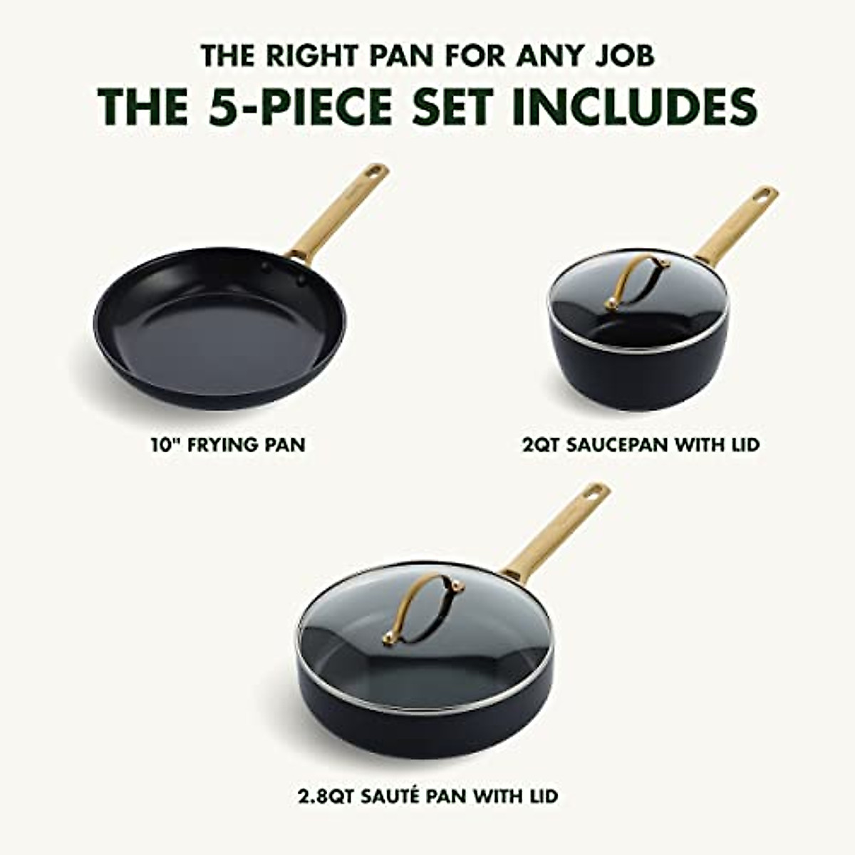 GreenPan Reserve Hard Anodized Healthy Ceramic Nonstick 5 Piece Cookware Pots and Pans Set, Gold Handle, PFAS-Free, Dishwasher Safe, Oven Safe, Black