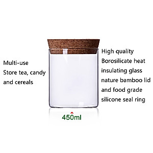 Newerlives Air Tight Storage Jar, Glass Storage Tank with a Natural Bamboo Lid, 450 ML, 650 ML, 950 ML (Cork, 450ML)
