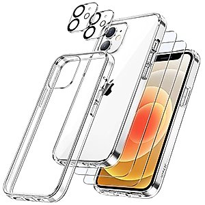 JETech 3 in 1 Case for iPhone 12 6.1-Inch, with 2-Pack Screen Protector and 2-Pack Camera Lens Protector, Non-Yellowing Shockproof Bumper Phone Cover, Full Coverage Tempered Glass Film (Clear)