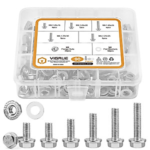 M8-1.25 x 16/20/25/30/35mm Flanged Hex Head Bolts, VIGURE 90PCS M8 Flange Hexagon Screws Serrated Flange Nuts Washers, Stainless Steel 18-8 (304), DIN 6921