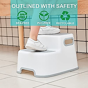 UNCLE WU Kid-Friendly Step Stool - Lightweight and Easy to Clean - Bathroom Safety Sturdy Bottom as Toilet Stool/Dual Height & Wide Two Step Stool for Toddler/Adult (Gray White) 2 Pack