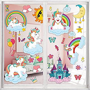 CCINEE Unicorn Window Cling Stickers,Rainbow Flower Window Decals Double Side Sticker for Kids Room Decoration,8 Sheets