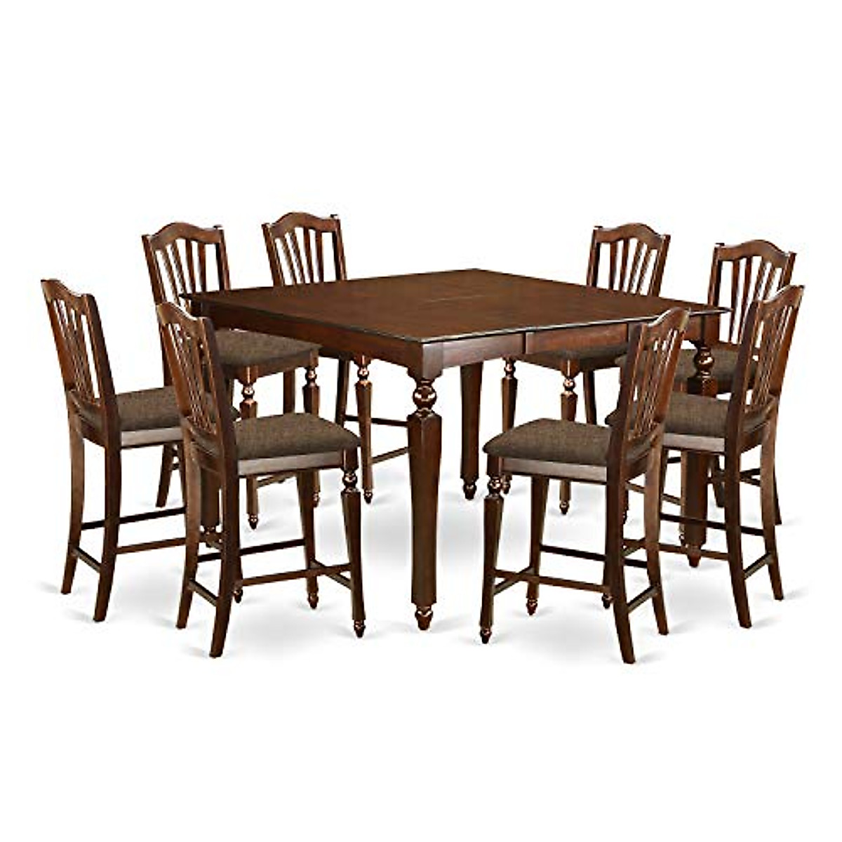 East West Furniture CHEL9-MAH-C Square Counter Height Table8 Stools Set 9 Pc-Linen Fabric Kitchen Chairs Seat-Mahogany Finish Dining Room Table and Frame